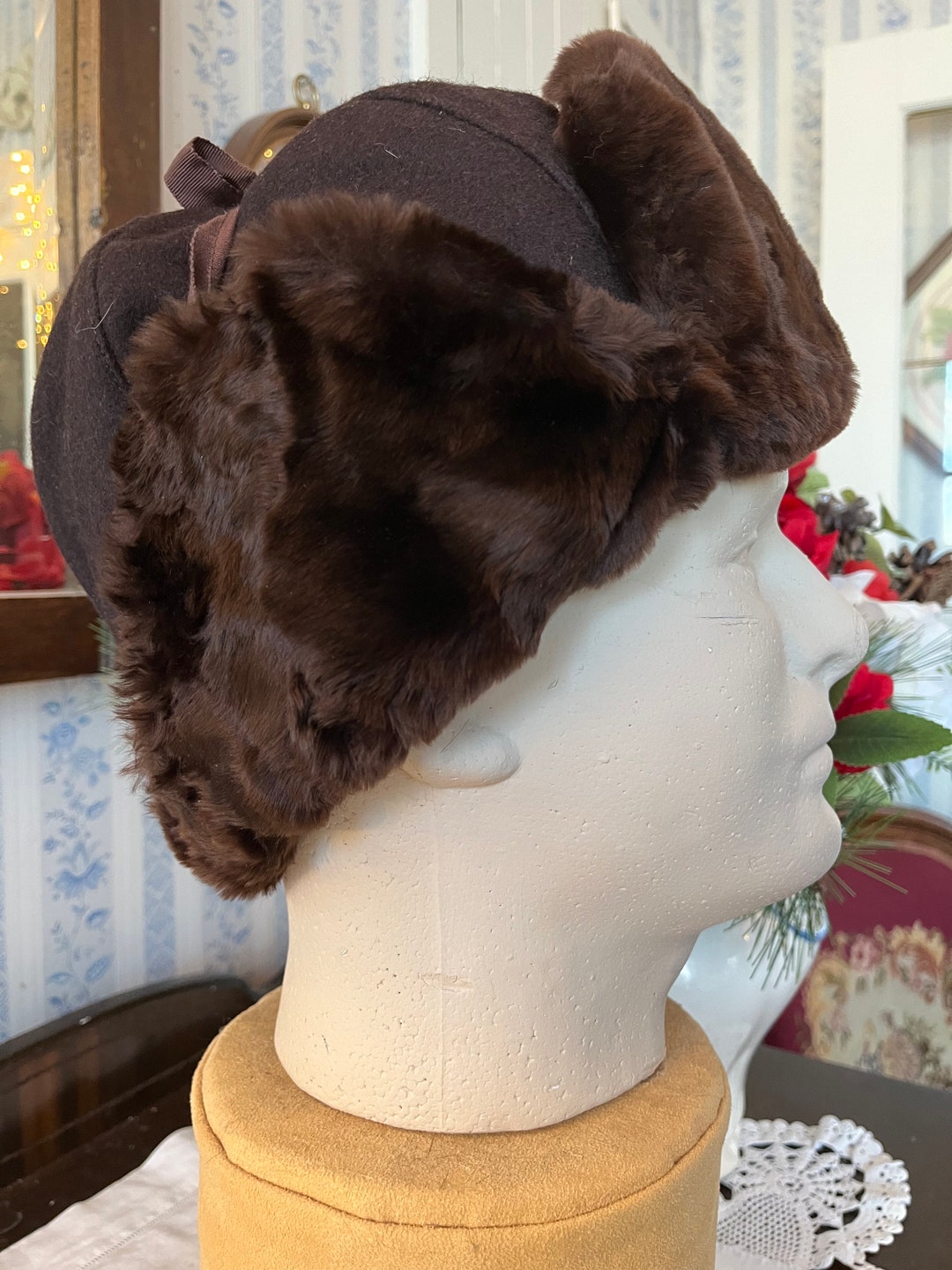 Vintage Brown Trapper Hat, Wool and Mouton Cap (C449), Brown Wool ...