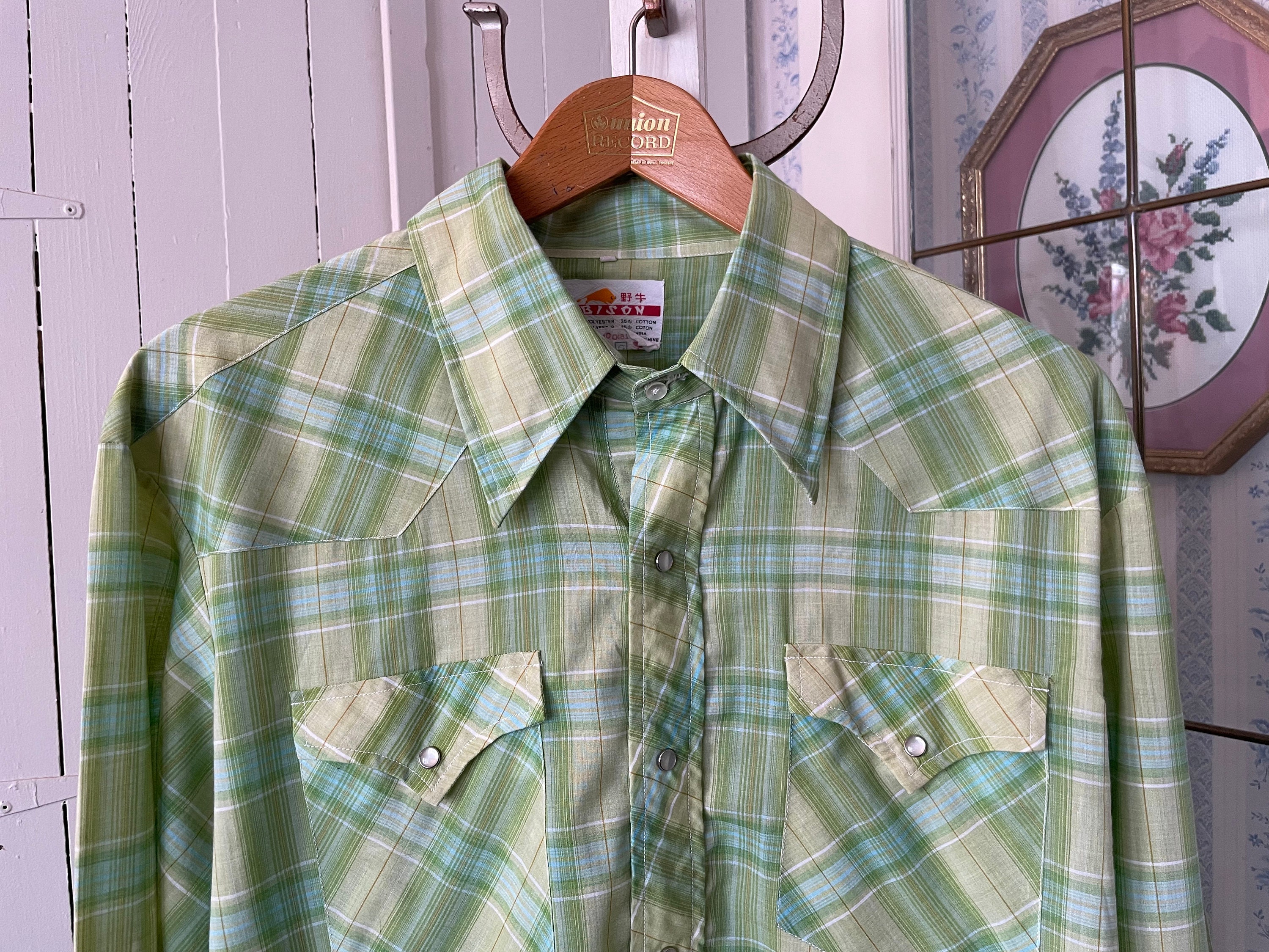 Vintage Western Shirt, Green Plaid Cowboy Shirt B876, Green Blue Plaid ...