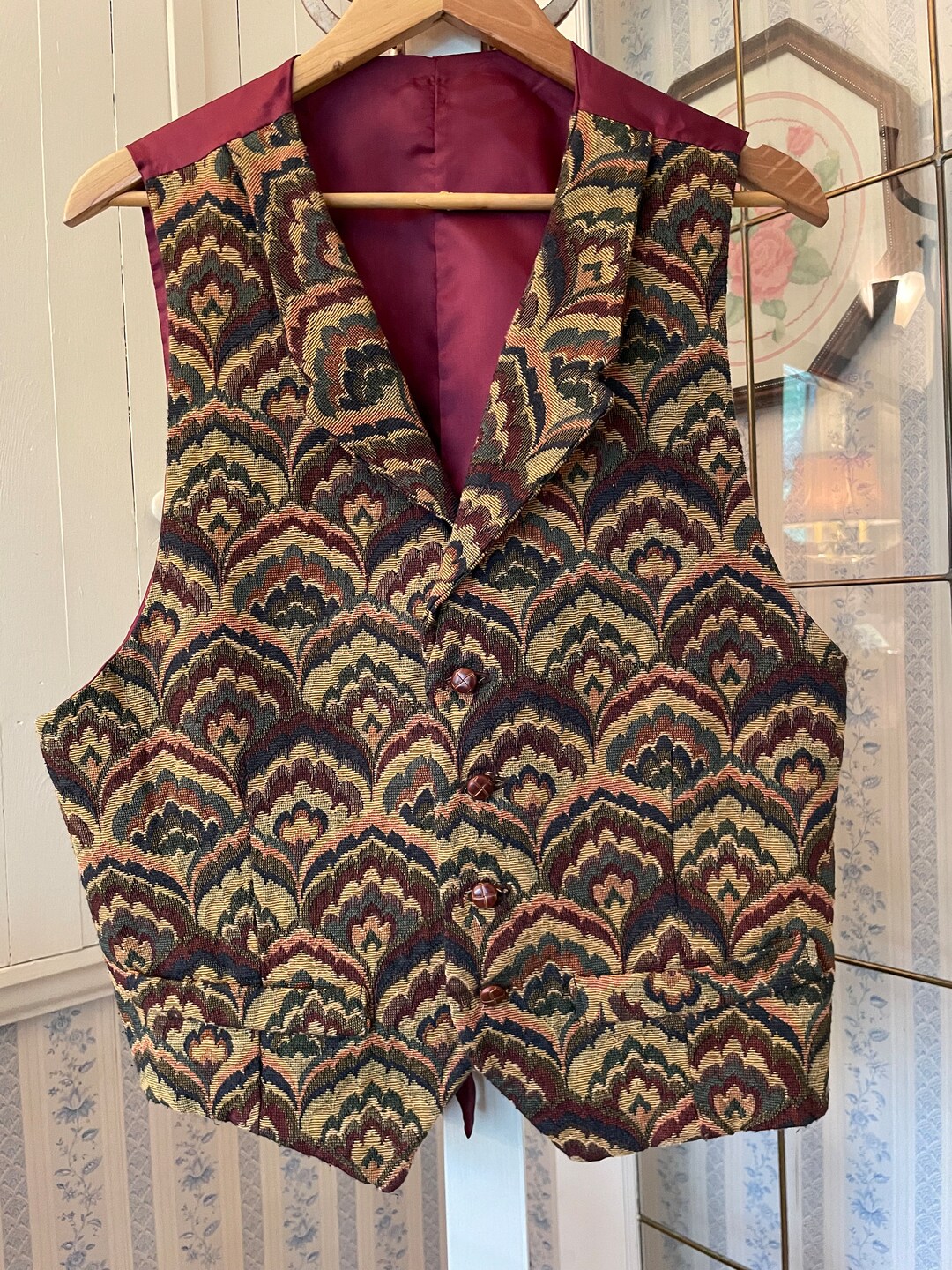 Vintage Brocade Vest, Beige and Green Print Waistcoat (C083), Beige ...