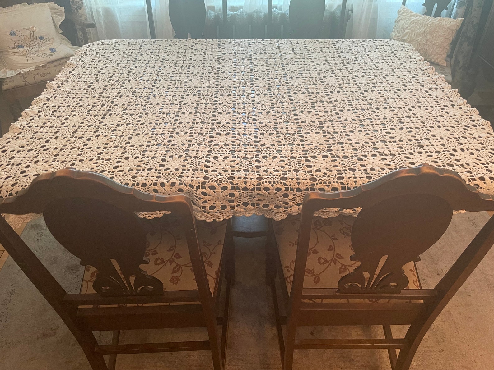 Vintage Handmade Tablecloth, Hand Crocheted Tablecloth B487, Beige ...