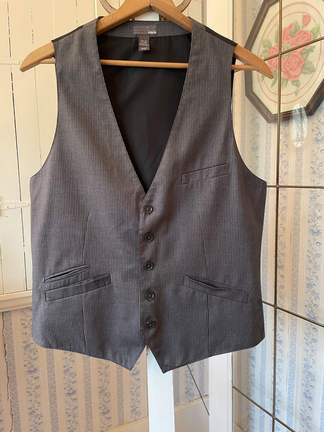 Vintage Grey Vest, Grey Pinstriped Waistcoat (C202), H&M Dark Grey Vest ...