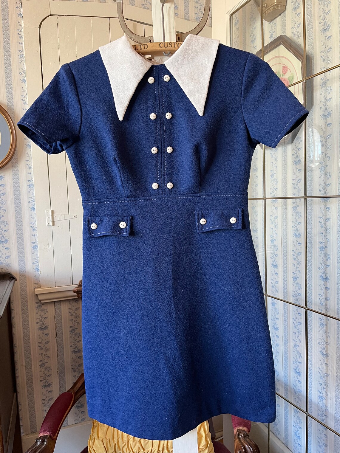 Vintage Blue Dress, Blue and White Short Dress C712, Dark Blue Fortrel ...