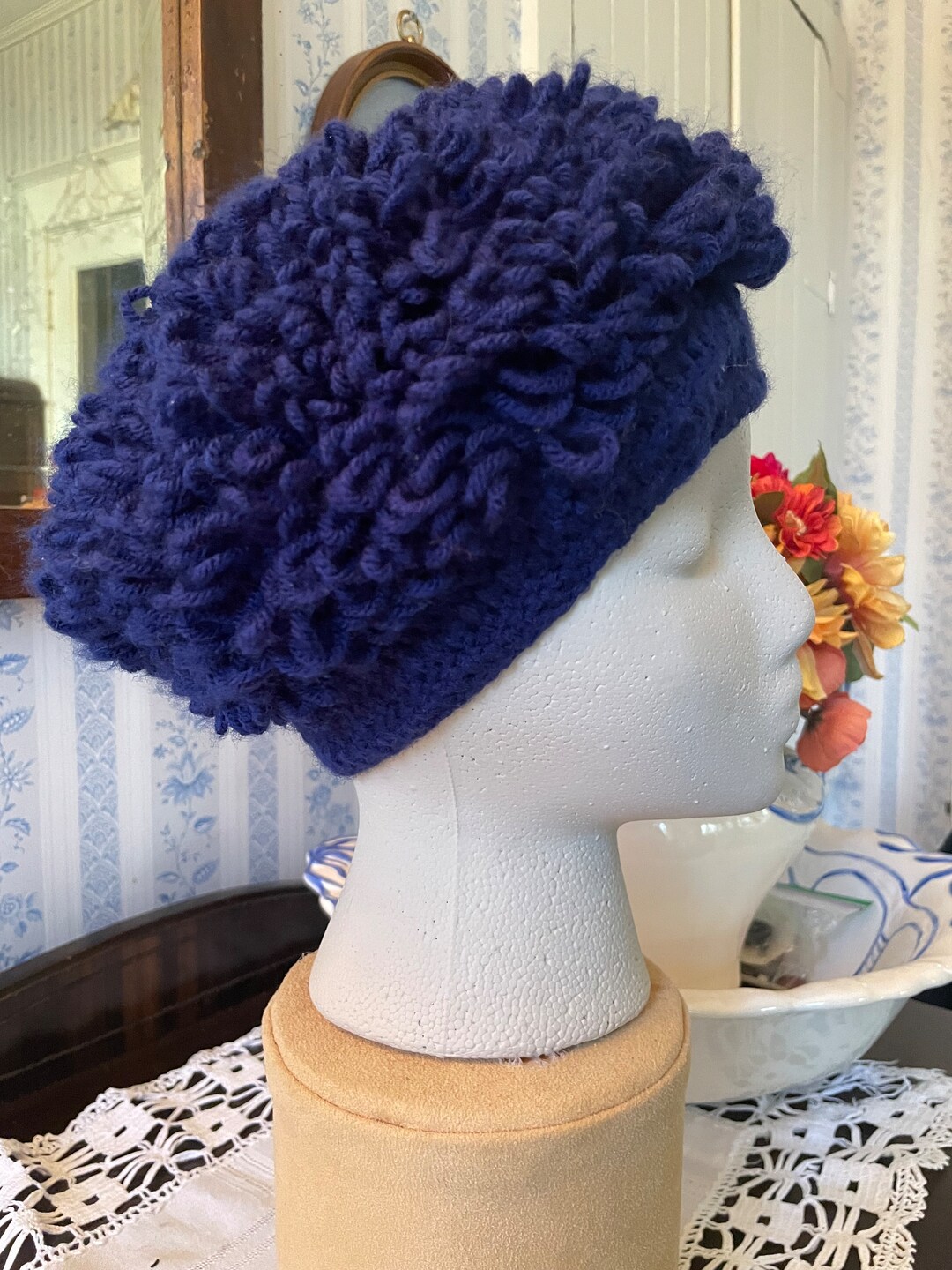 Vintage Blue Hat, Handmade Blue Hat, Cap, Tam (B661), Hand Knit Royal ...