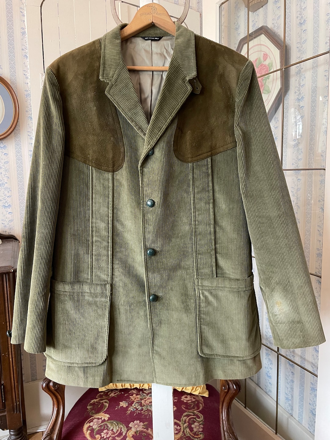 Vintage Green Jacket, Green Corduroy and Suede Coat (C334), Eddie Bauer ...