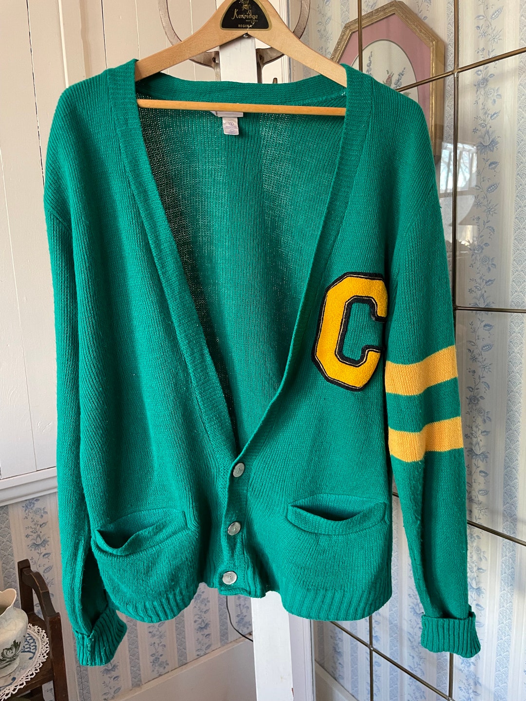 Vintage Varsity Sweater, Green Team Cardigan (B782), Green and Yellow ...