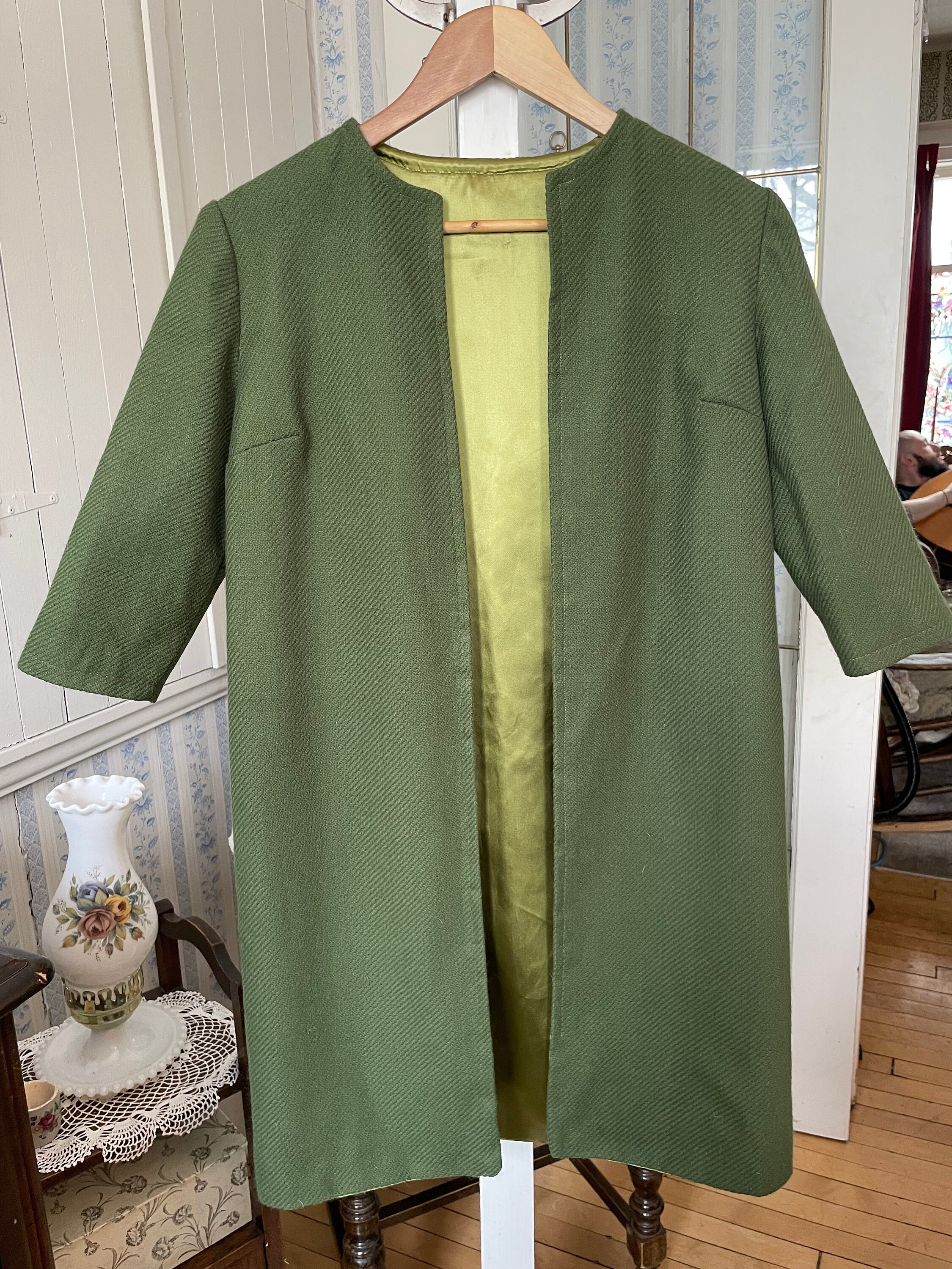 Vintage Moss Green Wool Open Jacket Coat B242 Simple - Etsy