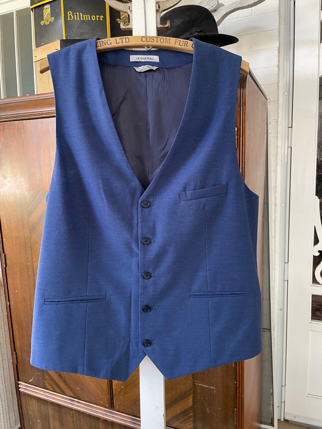 Vintage Blue Vest, Royal Blue Waistcoat (B595), Blue and Black Wool ...