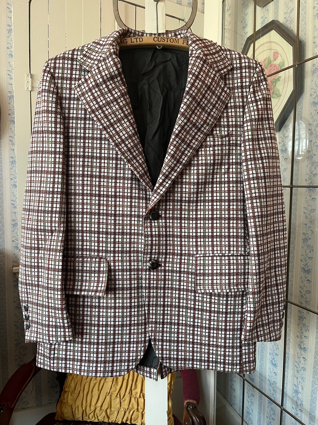 Vintage Checked Sport Coat, Brown Checked Blazer (C506), Fortrel Beige ...