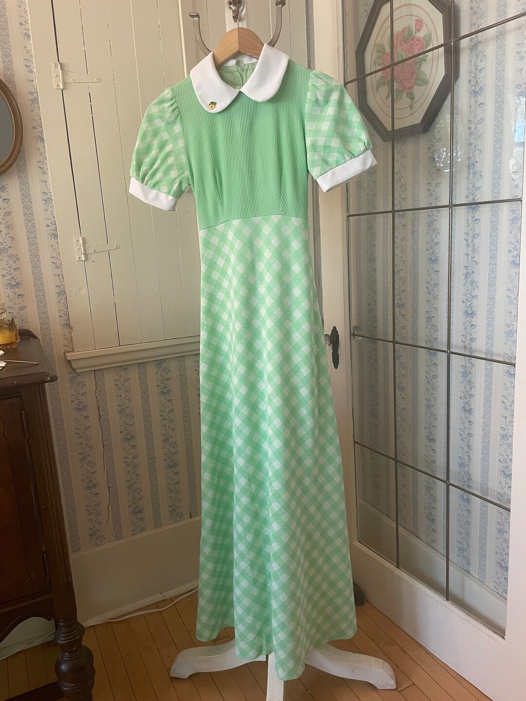 Vintage Green Dress, Green and White Long Dress (C107), Green and White ...