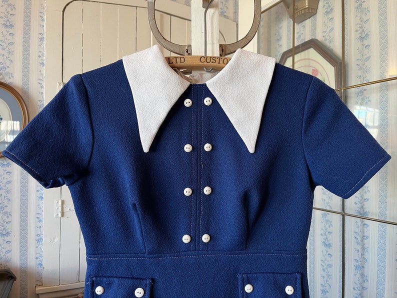 Vintage Blue Dress, Blue and White Short Dress C712, Dark Blue Fortrel ...