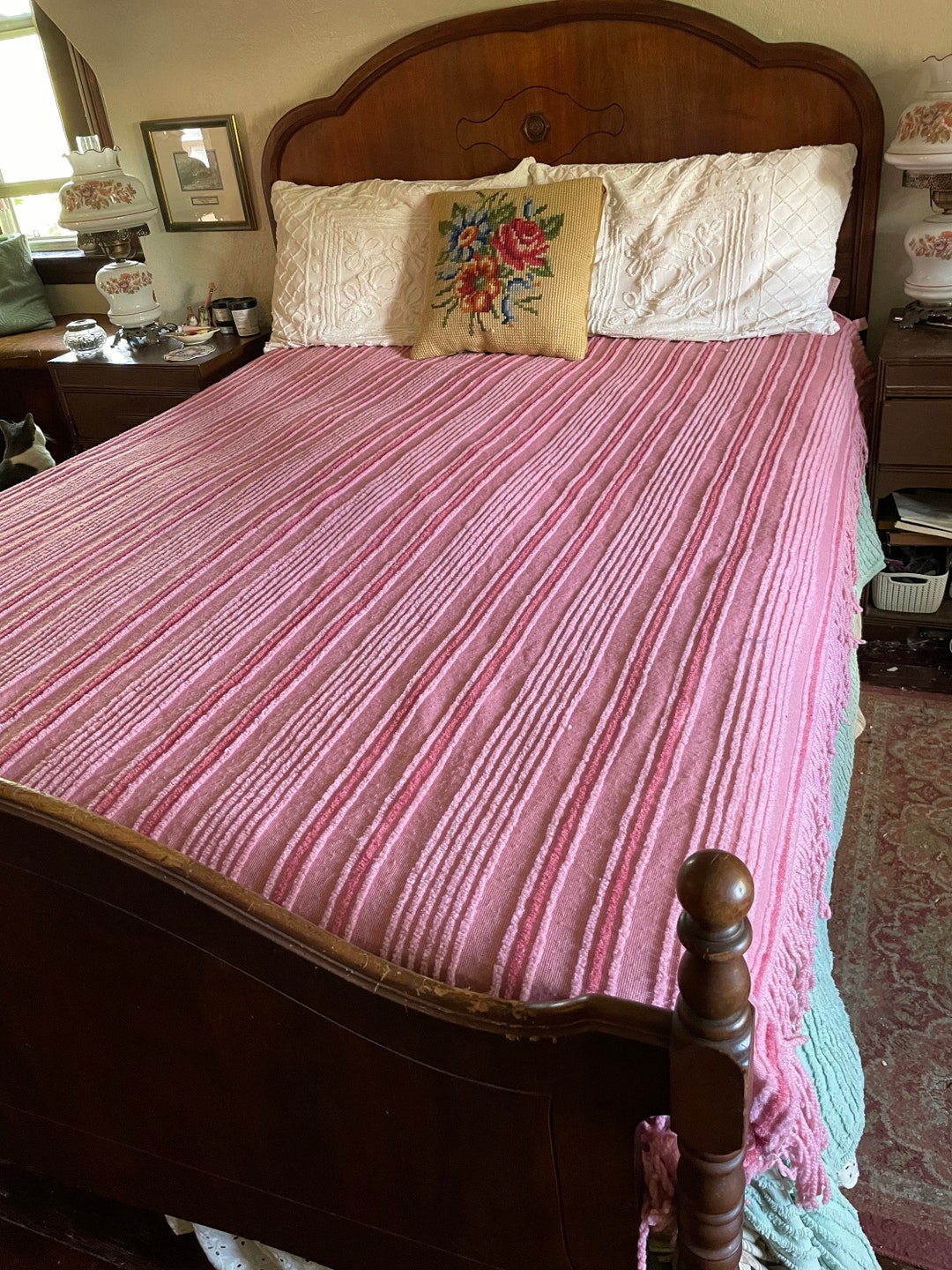 Vintage Chenille Bedspread, Pink Bedspread (B572), Pink and Rose ...