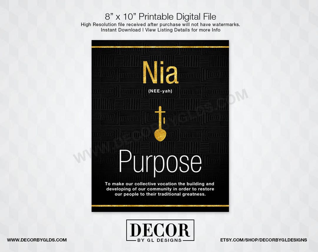 Nia Kwanzaa Sign. Printable Black & Gold Purpose Sign, Kwanzaa ...