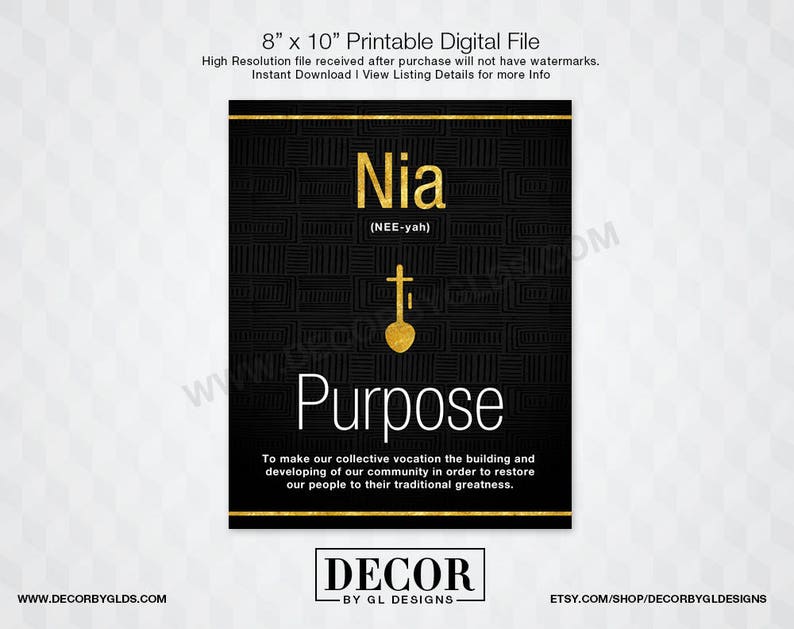 Nia Kwanzaa Sign. Printable Black & Gold Purpose Sign, Kwanzaa ...