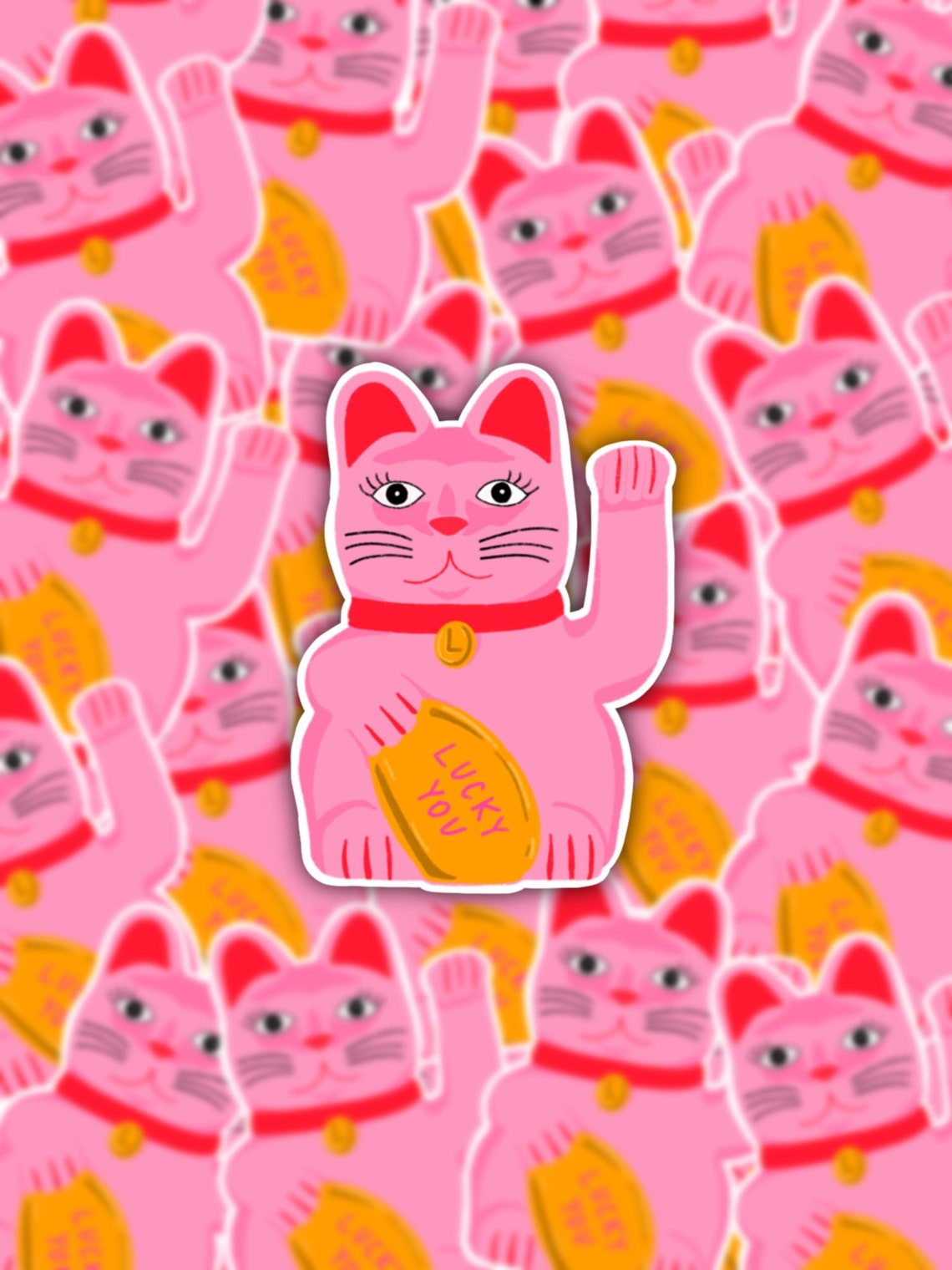 Pink Maneki Neko Lucky Waving Cat Glossy Waterproof Vinyl - Etsy