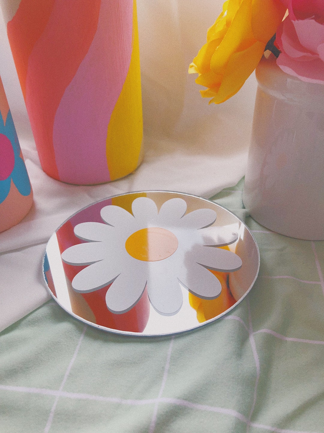 Daisy Funky Round Mini Plant Mirror Coaster Retro Groovy Vinyl - Etsy