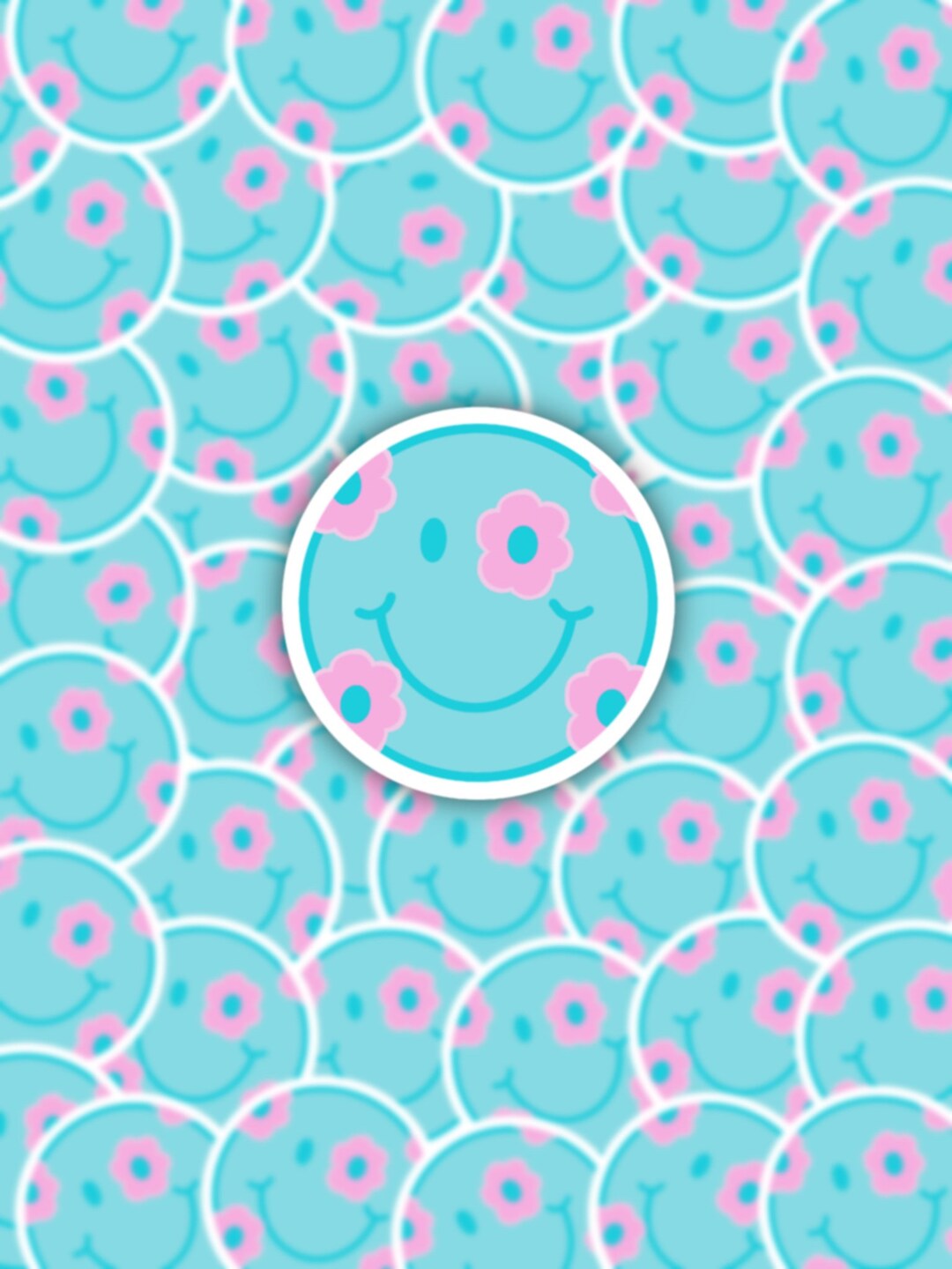 Retro Smiley Face Groovy Daisy Flower Glossy 2 Round Sticker Blue ...