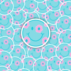 Retro Smiley Face Groovy Daisy Flower Glossy 2 Round Sticker | Etsy