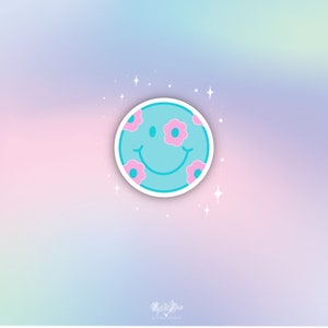 Retro Smiley Face Groovy Daisy Flower Glossy 2 Round Sticker Blue ...