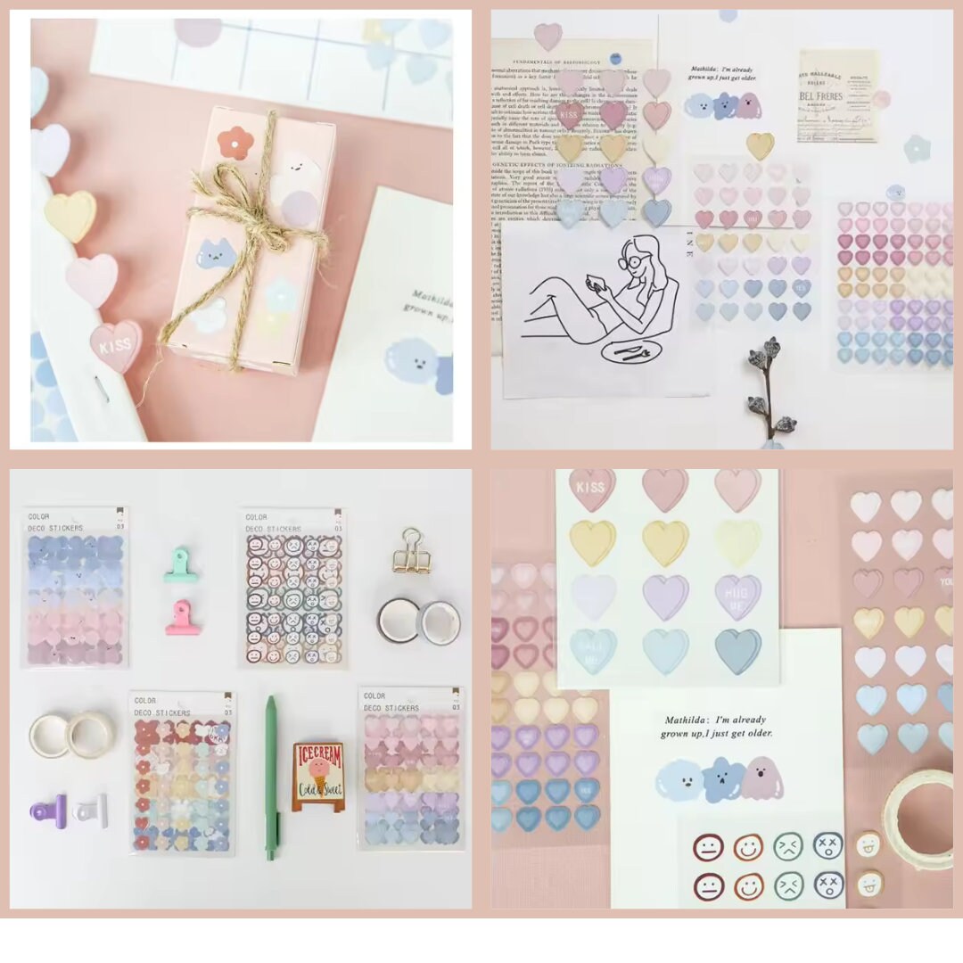Kawaii Cartoon PET Stickers, Cute Hearts, Flowers, Faces, Bubble Shapes, Cute 3 Sheets Sticker ...