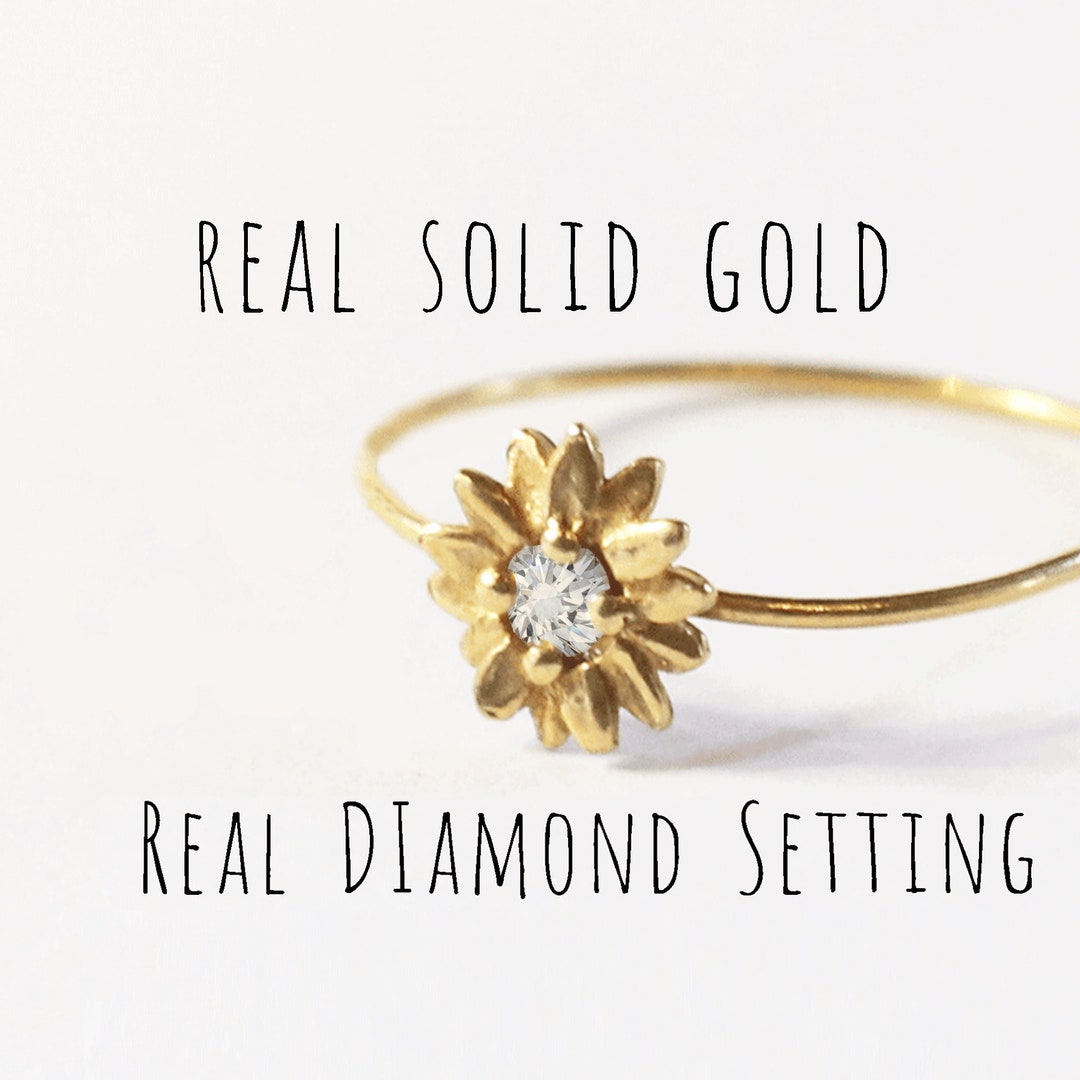 14K Solid Gold Flower Ring, Real Gold Diamond Ring, Spiritual Ring ...