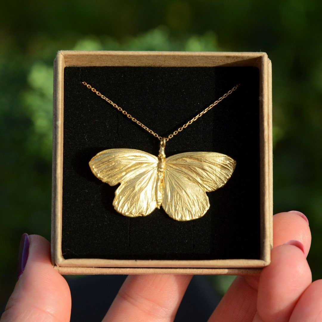 Gold Butterfly Necklace, Statement Brass Pendant on Chain, Nature ...