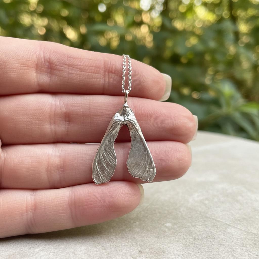 Silver Samara Maple Seed Necklace, Plant Pendant Gift for Her, Unique ...