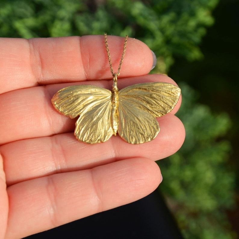 Gold Butterfly Necklace, Statement Brass Pendant on Chain, Nature ...