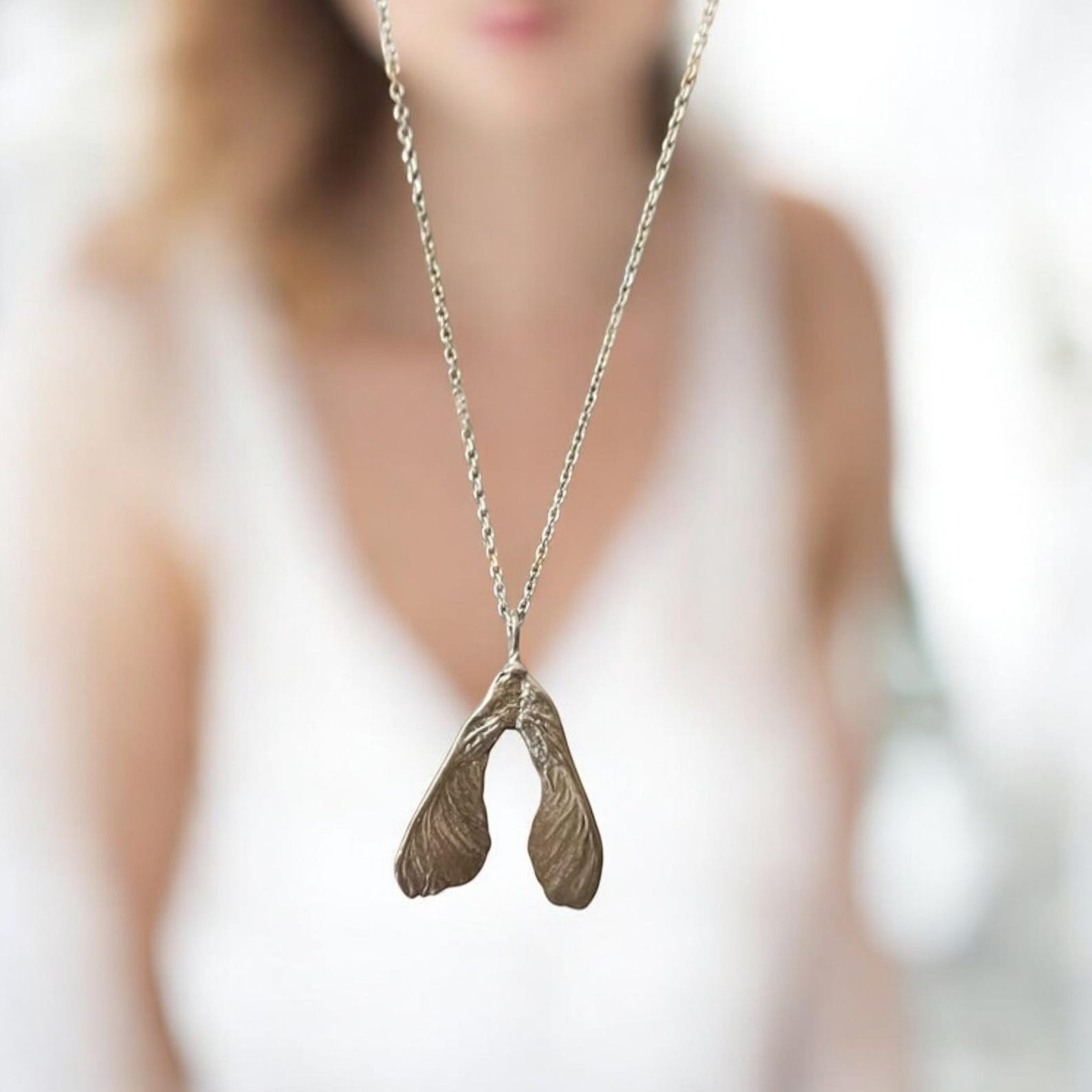 Silver Samara Maple Seed Necklace, Plant Pendant Gift for Her, Unique ...