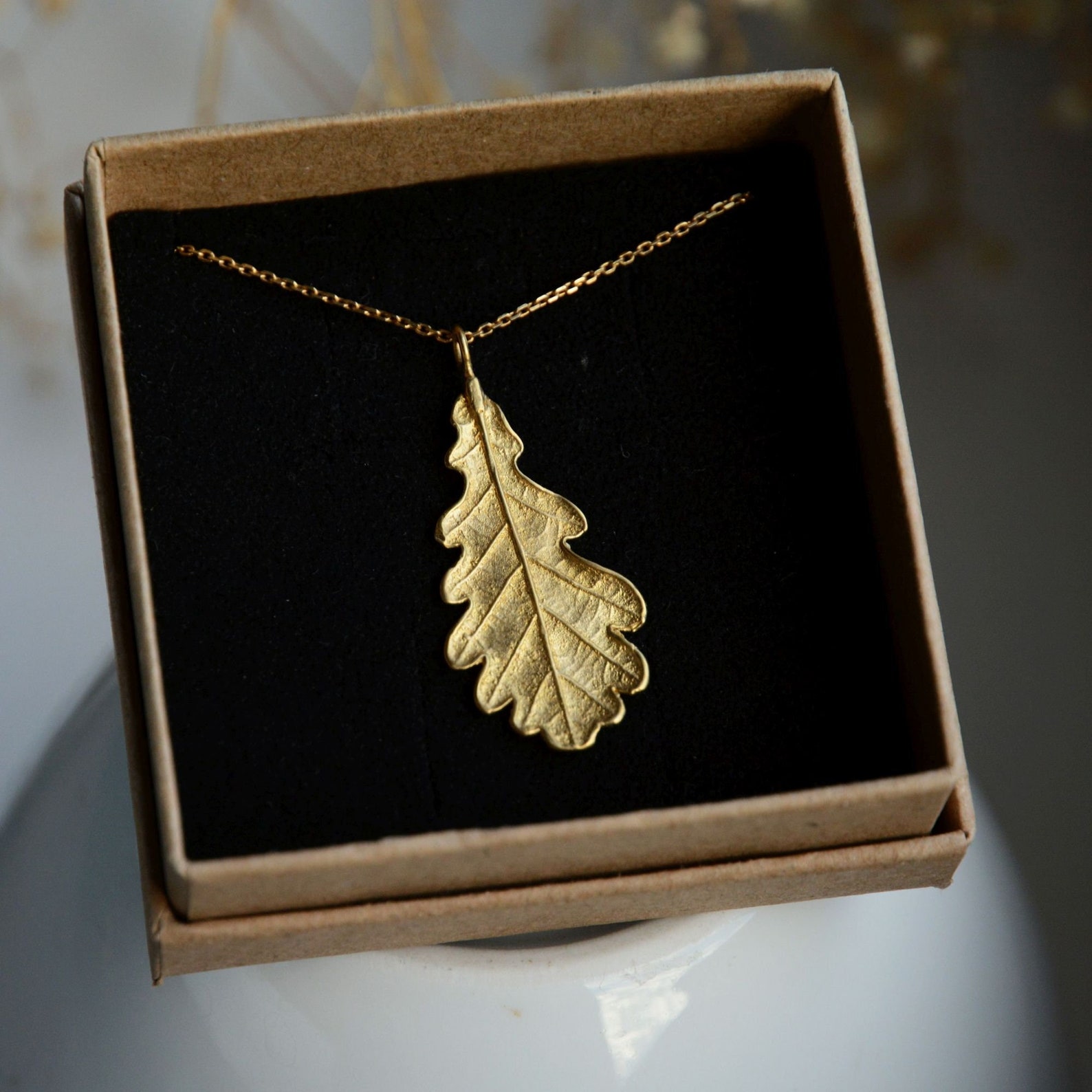 Gold Oak Leaf Necklace From Brass With Chain, Quercus Plant Pendant ...