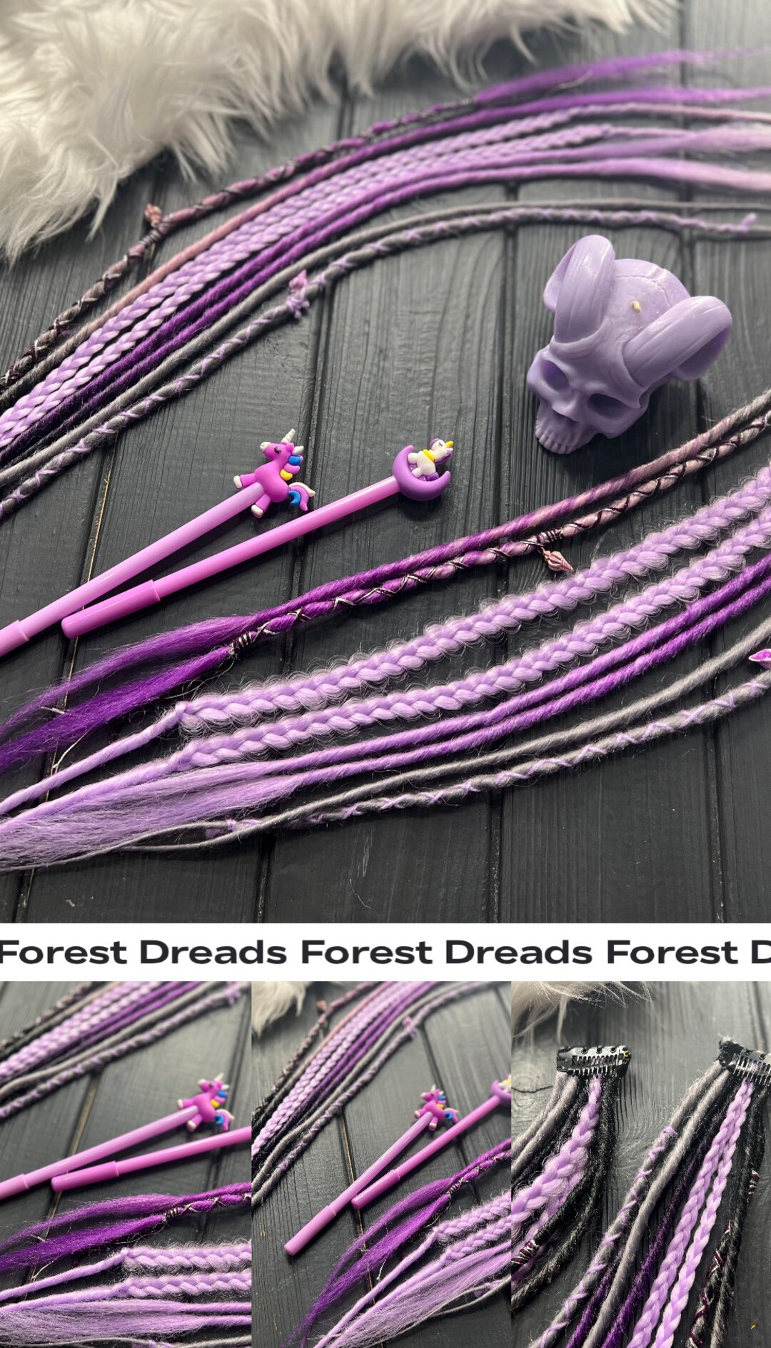 Clip in Dreads Synthetic Dreadlocks + Fishtail Braids Ombre Black Gray ...