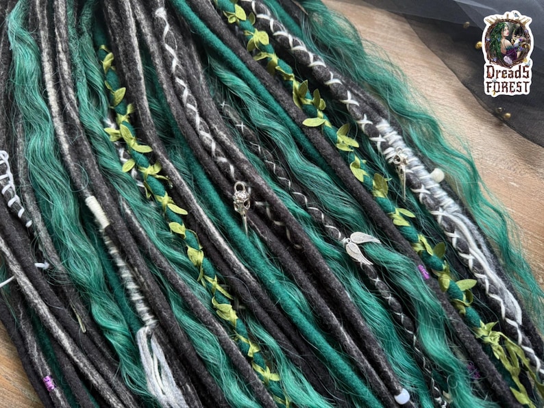 Black White Emerald Ombre Dreads: Wool Curly DE/SE Extensions, Forest ...