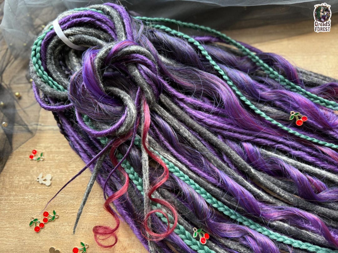 Purple Burgundy Green Dreads Mix | Black Wool Curls Braids Extensions ...