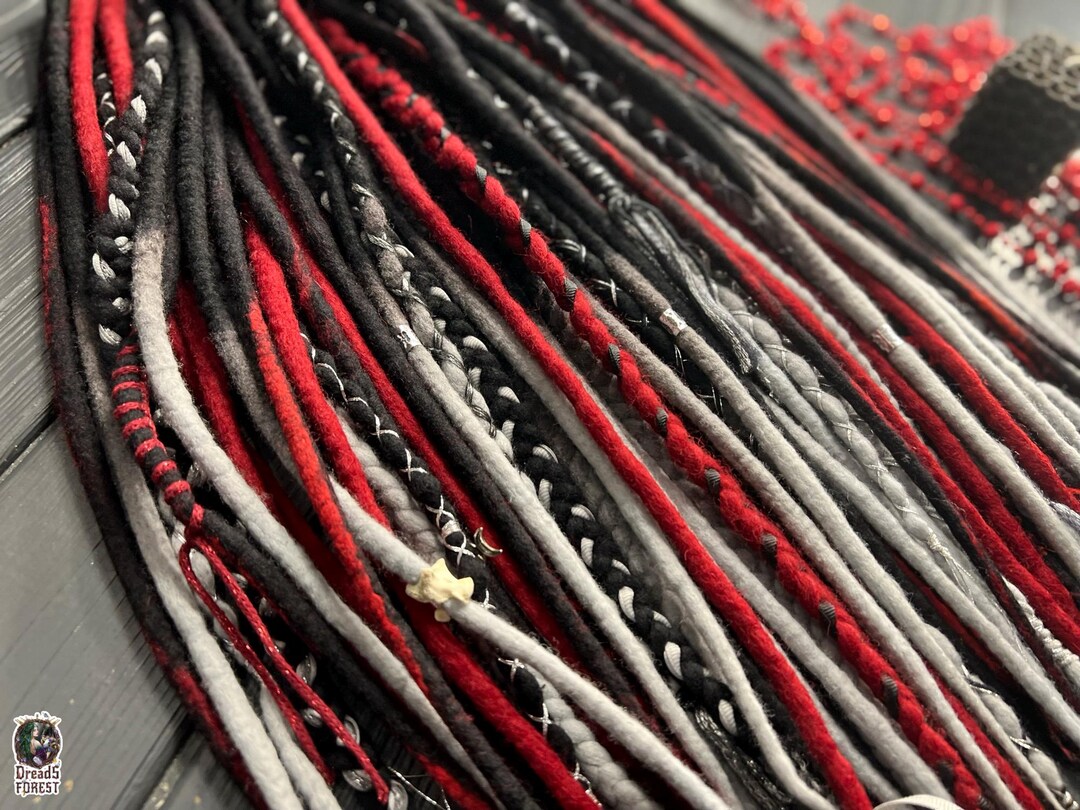 Dreadlocks Wool + Braids Ombre Black on Light Grey Platinum Tomato Red ...