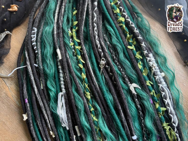 Black White Emerald Ombre Dreads: Wool Curly DE/SE Extensions, Forest ...