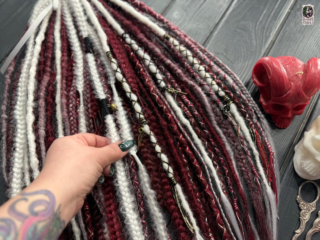 Burgundy Maroon & White Synthetic Dreadlocks: Braided Fishtail Hair ...
