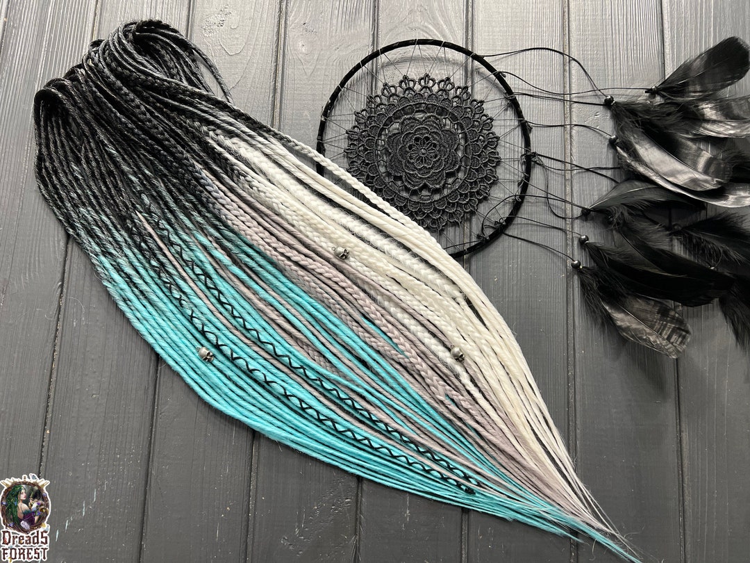 Synthetic Dreads Thin Twisted + Fishtail Braids Ombre Black and Blue ...