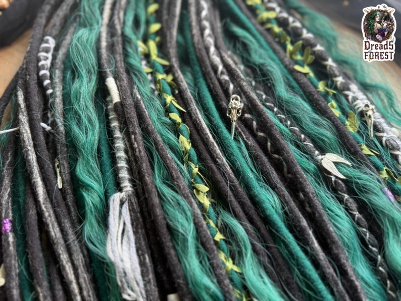 Black White Emerald Ombre Dreads: Wool Curly DE/SE Extensions, Forest ...