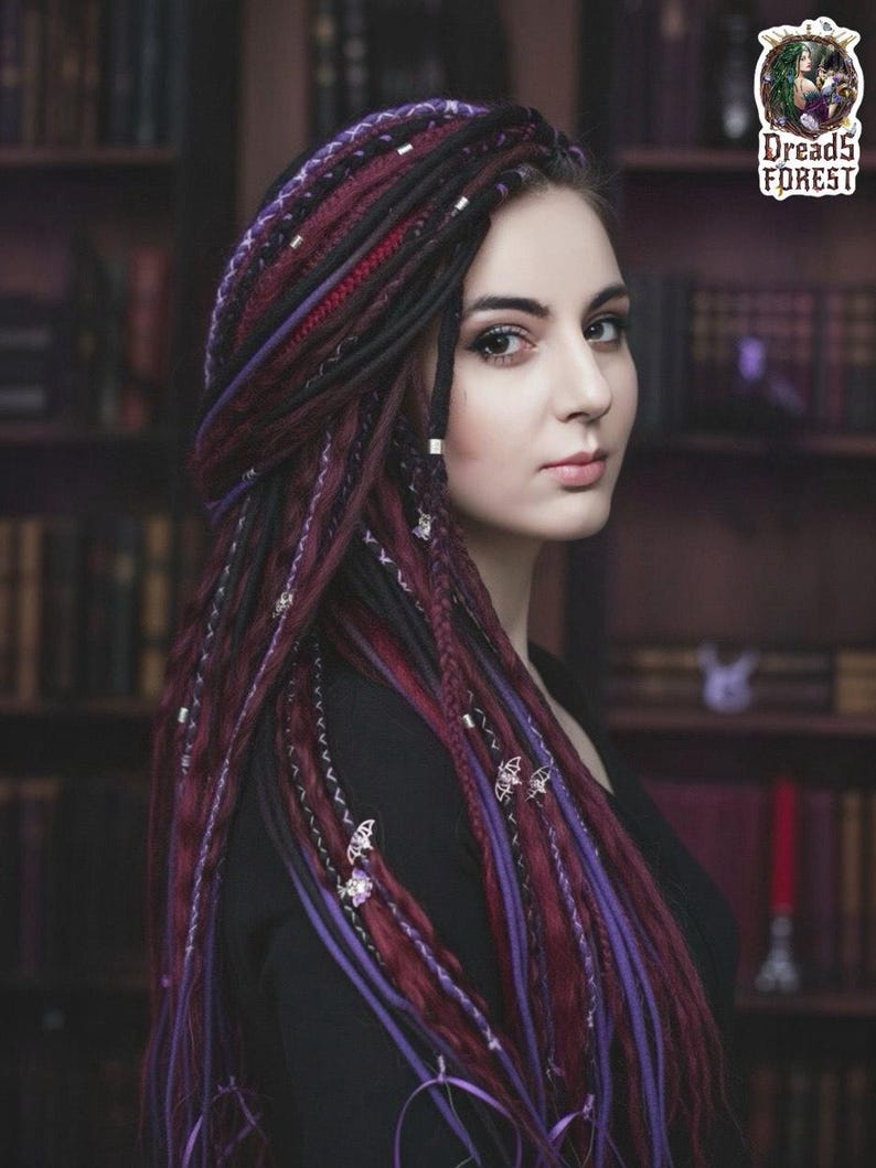 Black Purple Burgundy Wool Dreadlocks & Synthetic Braids Ombre Dreads ...