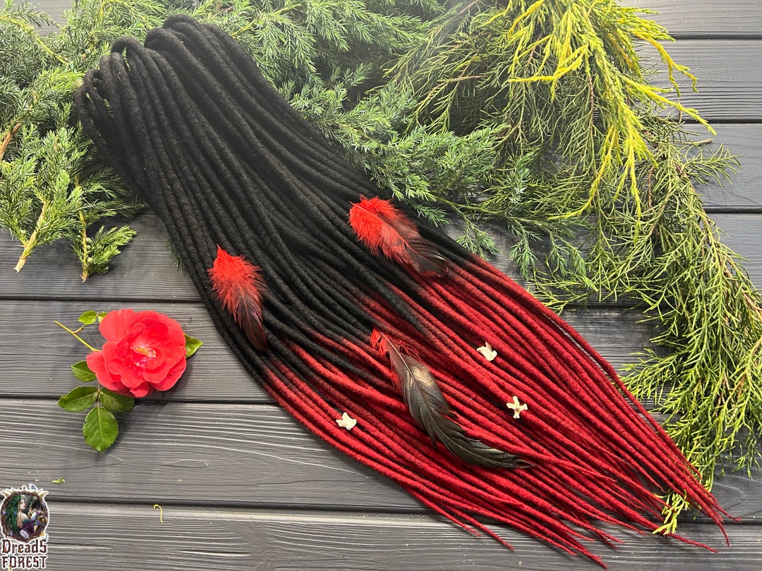 Wool Dreads: Ombre Black to Red, Feather & Bone Accent, Boho Viking ...