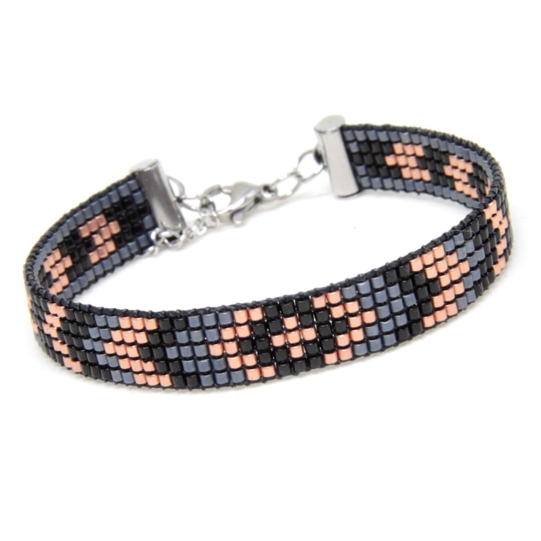 Baded Bracelet, Bead Loom Bracelet, Seed Bead Bracelet, Black Gold ...