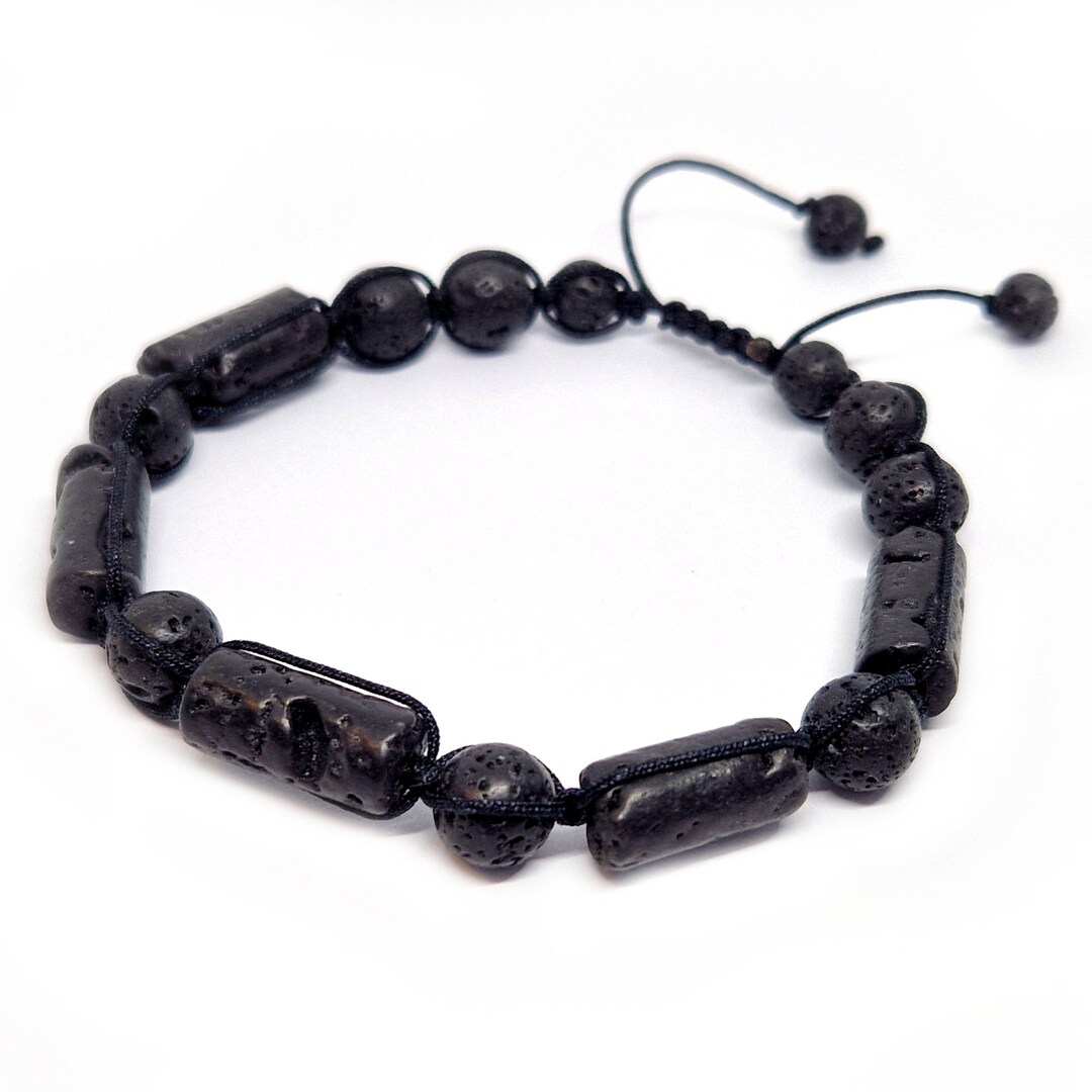 Natural Stone Men's Bracelet With Black Lava Beads and Macrame Closure ...