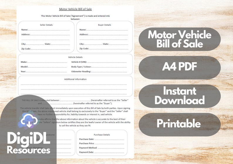 Motor Vehicle Sales Invoice Template, Bill of Sale, Car Sale Form ...