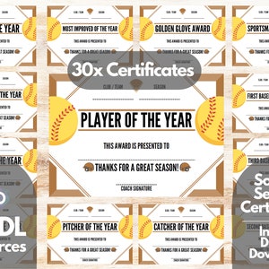 Softball Award Certificates, Award Ceremony Certificates, End of Season ...