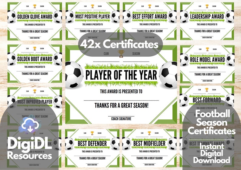 Printable Football Soccer SEASON Award Certificate, 42x A4 End of ...
