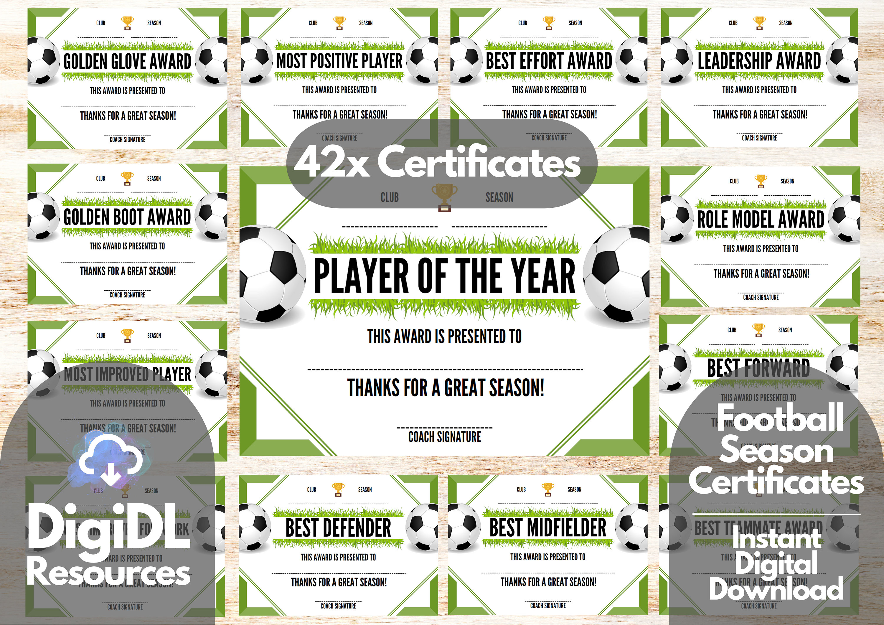 Printable Football Soccer SEASON Award Certificate, 42x A4 End of ...