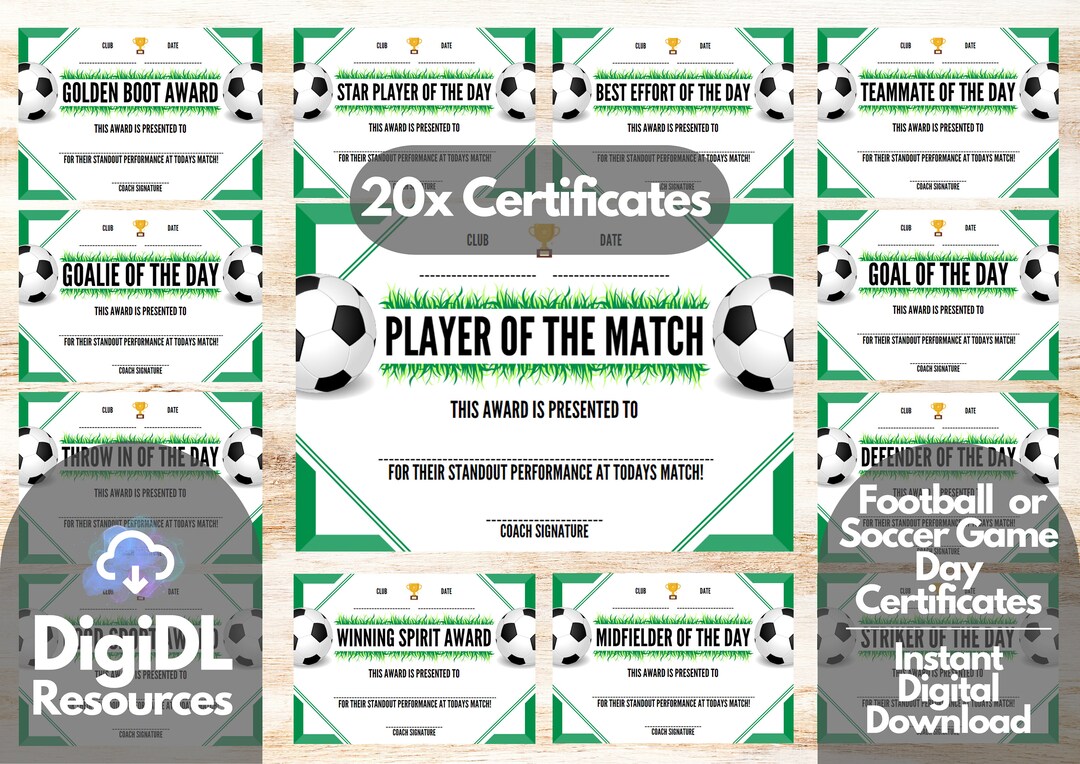 Printable Football or Soccer GAME DAY Match Certificates, 20x A4 ...