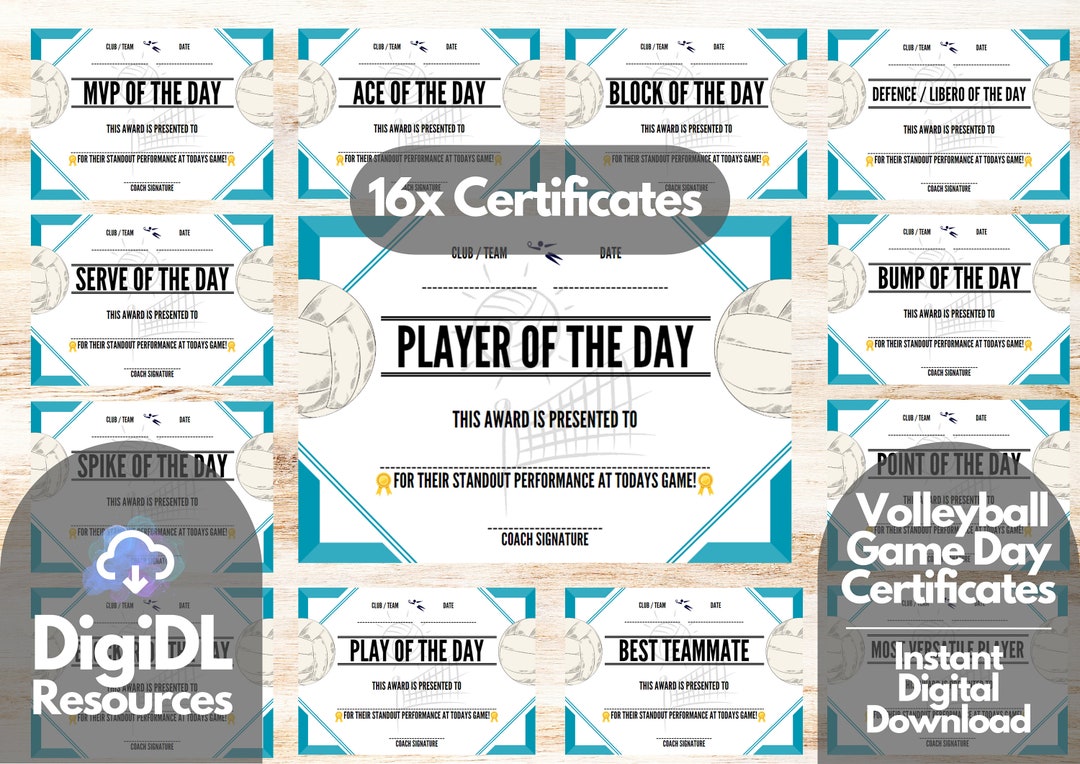 Printable A4 Volleyball GAME DAY Award Certificate, 16x Game Day ...