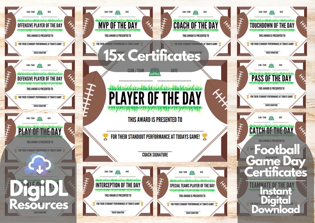 Printable Football GAME DAY Certificates, 15x A4 Football Award ...
