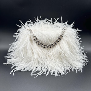 White Ostrich Feather Handbag With Chunky Chains - Etsy