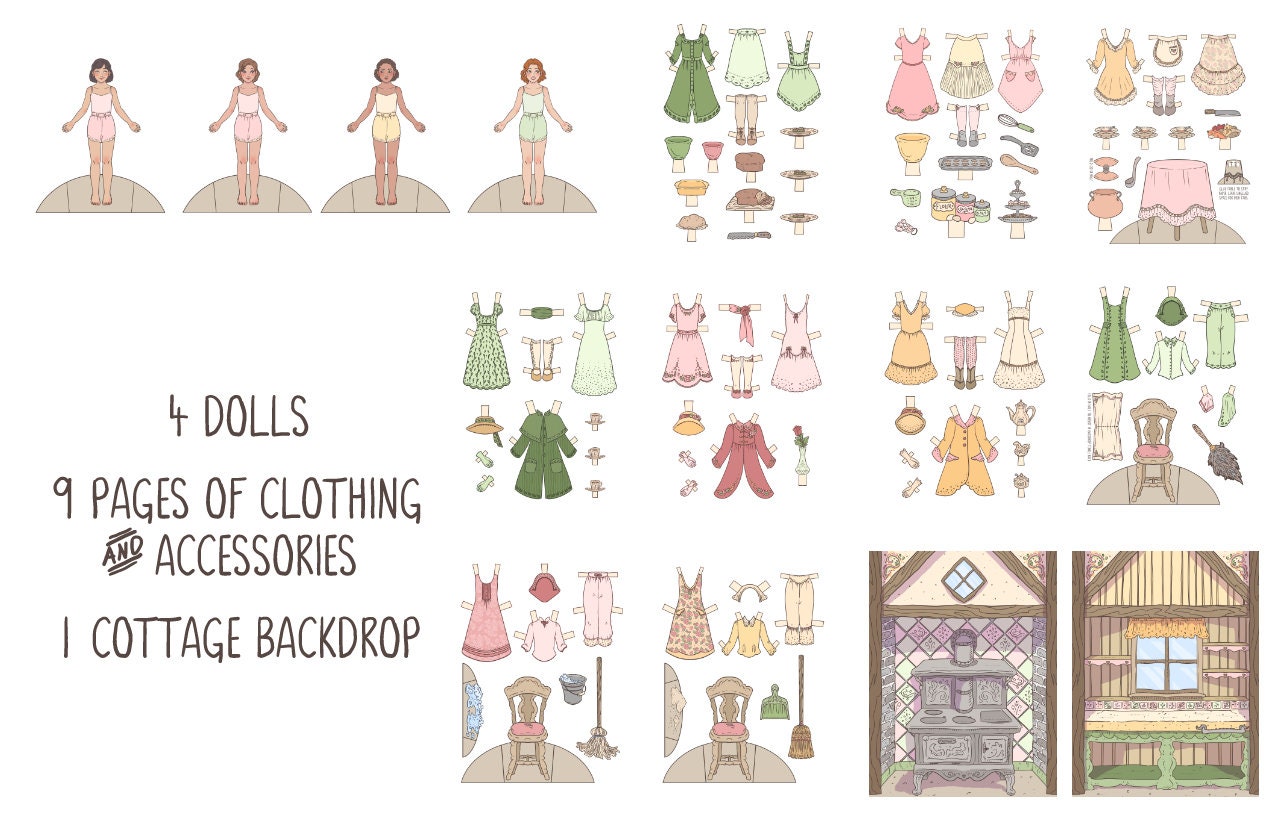 Cottage Girls in the Kitchen Paper Dolls PDF Printable Instant Digital ...